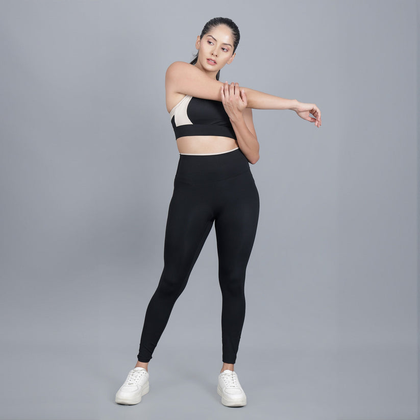 Chiclo Women's Black & Beige Contrast Workout Set